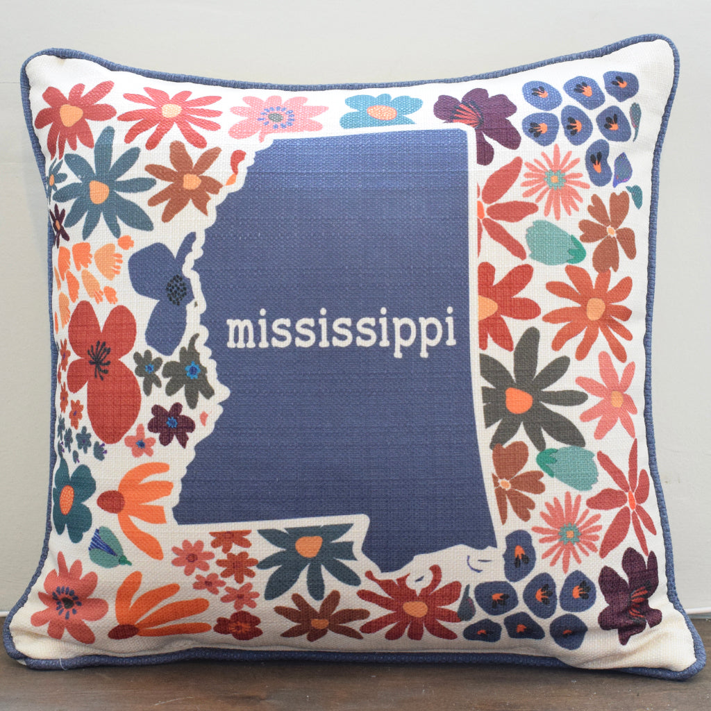 Floral Mississippi Cut Out Square Pillow | Mississippi Made Gifts
